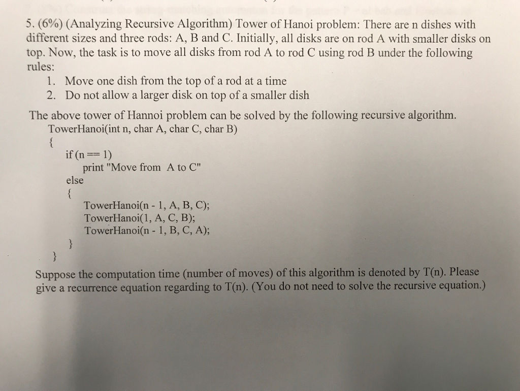 Solved 546%) (Analyzing Recursive Algorithm) Tower of Hanoi | Chegg.com