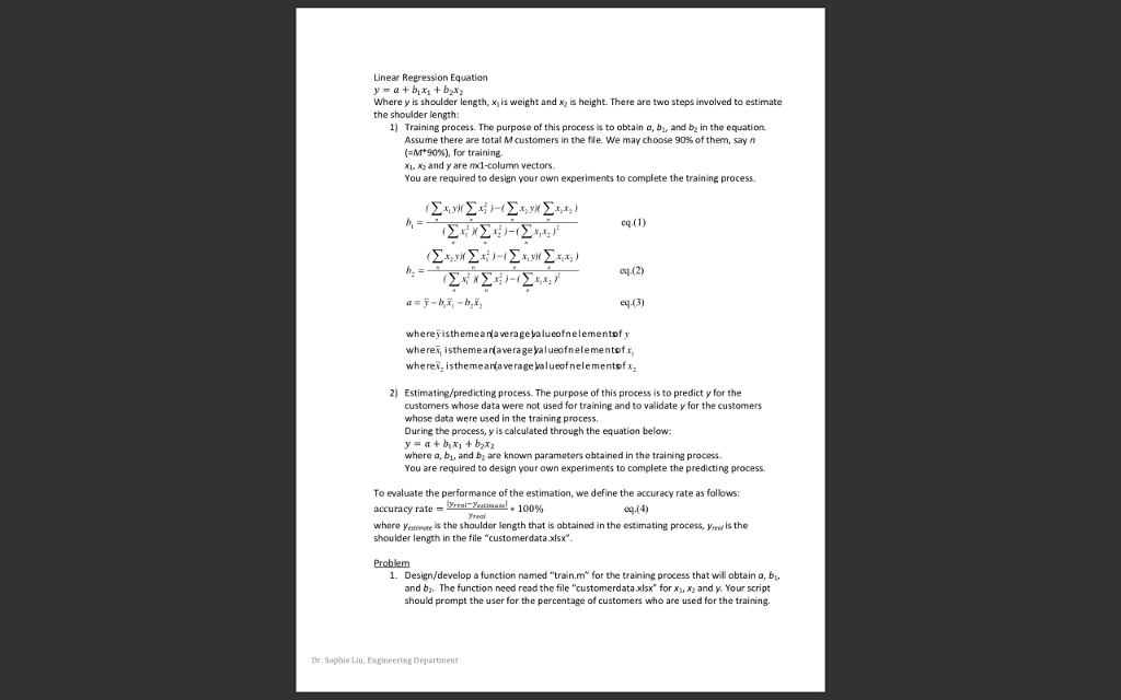 Linear Regression Equation y = a + bx + b2x2 Where y | Chegg.com