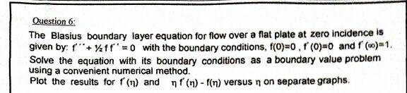 Solved The Blasius boundary layer equation for flow over a | Chegg.com