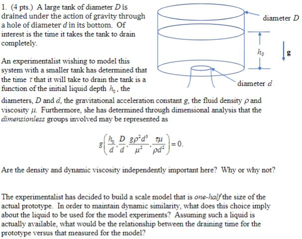 Solved 1. (4 pts.) A large tank of diameter D is drained | Chegg.com