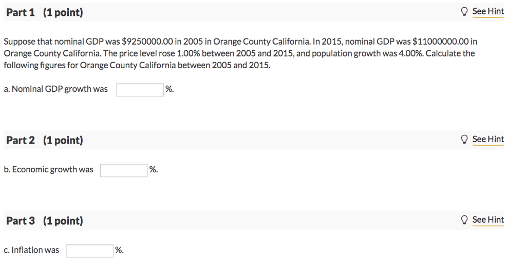 Solved Part 1 (1point) 9 See Hint Suppose that nominal GDP | Chegg.com