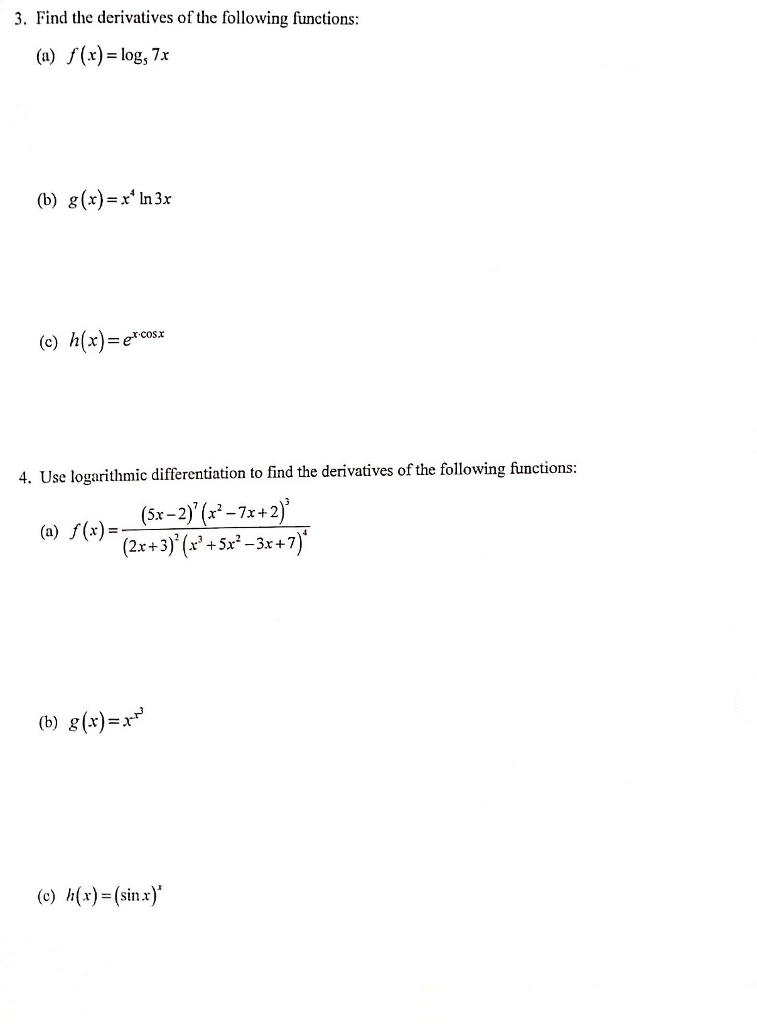 Solved 3. Find the derivatives of the following functions | Chegg.com
