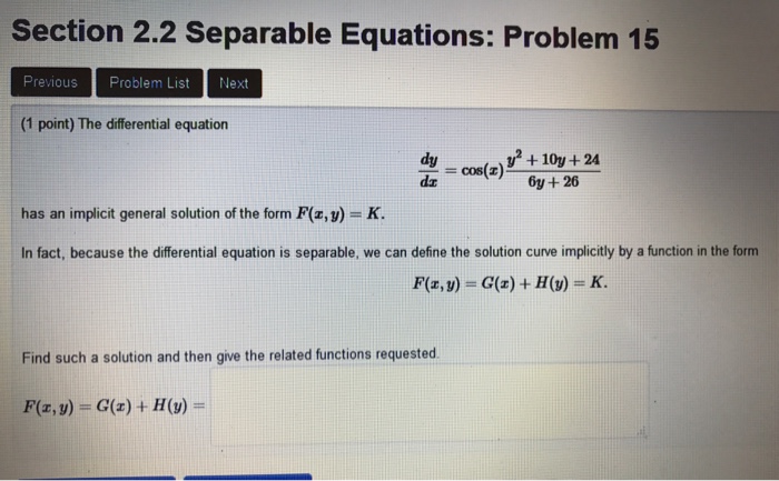 Solved Section 2 2 Separable Equations Problem 14 Previous