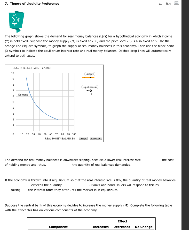 Solved 7. Theory of Liquidity Preference Aa Aa The following | Chegg.com