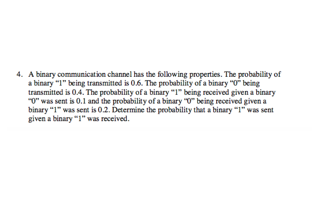 Solved 4. A binary communication channel has the following | Chegg.com