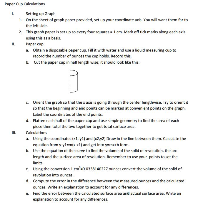 Paper Cup Calculations I. Setting up Graph 1. On the | Chegg.com