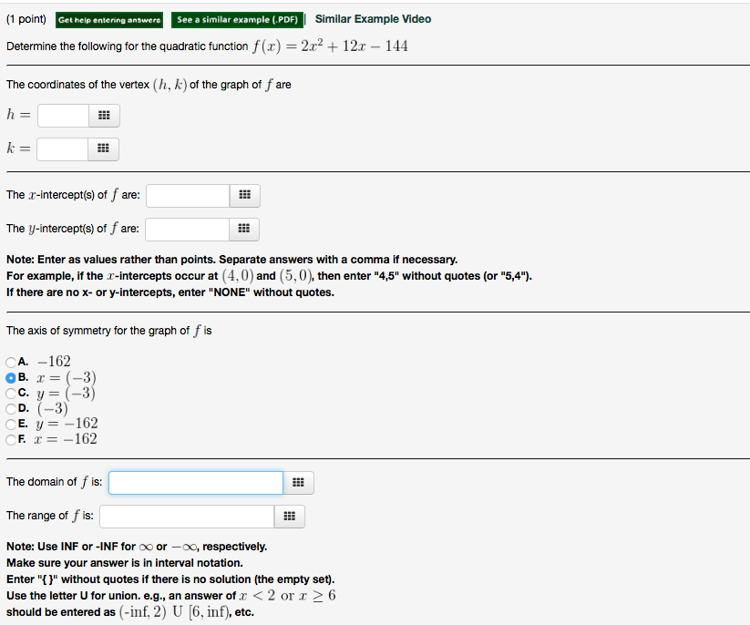 Solved (1 point) Determine the following for the quadratic | Chegg.com