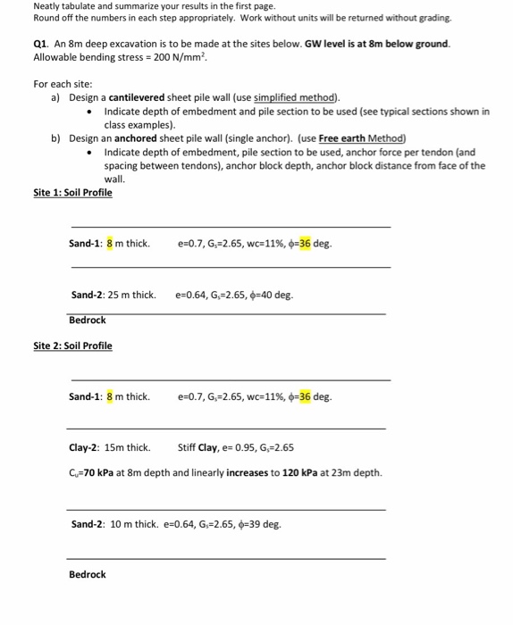 Solved An 8m deep excavation is to be made at the sites | Chegg.com