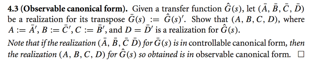 Solved 4.3 (Observable canonical form). Given a transfer | Chegg.com