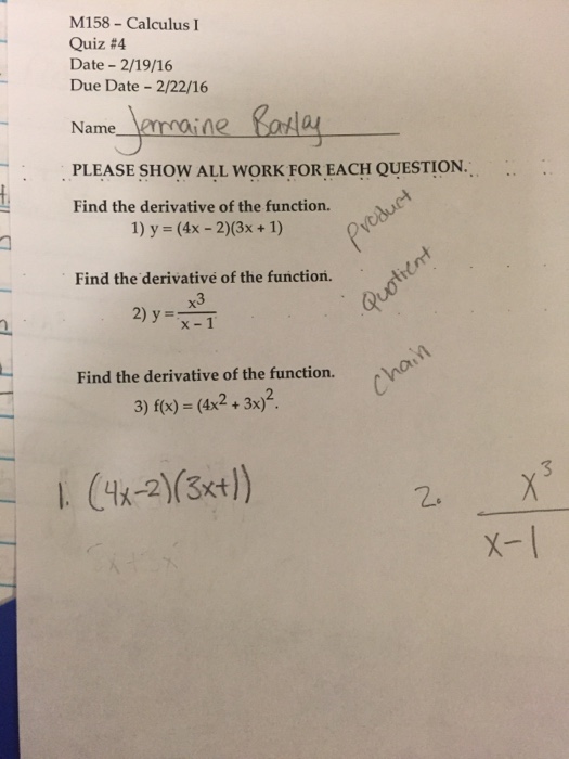 Solved Find the derivative of the function. y=(4x-2)(3x+1) | Chegg.com