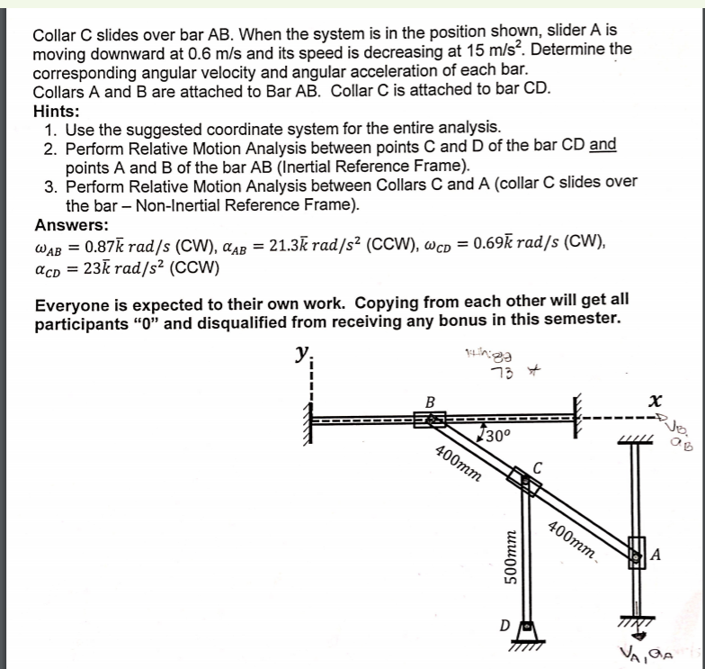 Solved Collar C slides over bar AB. When the system is in | Chegg.com