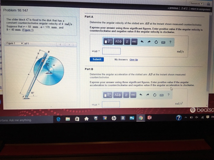 Solved Problem 16.147 The slider block C is to the disk that | Chegg.com