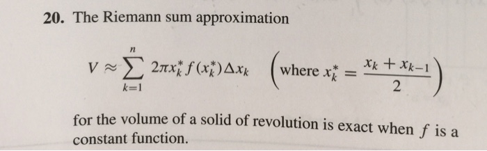 Solved 20. The Riemann sum approximation xk xk-1 where x k 1 | Chegg.com