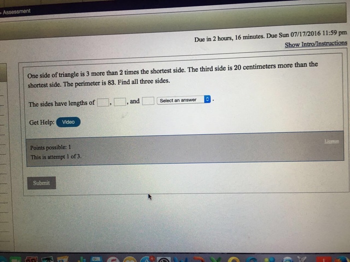 Solved One side of triangle is 3 more than 2 times the | Chegg.com