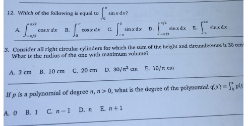 Solved Which of the following is equal to integral^pi_0 sin | Chegg.com