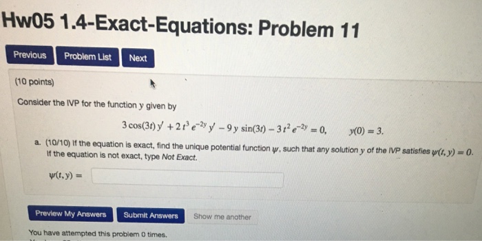 Solved Hw05 1.4-Exact-Equations: Problem 11 Previous Problem | Chegg.com