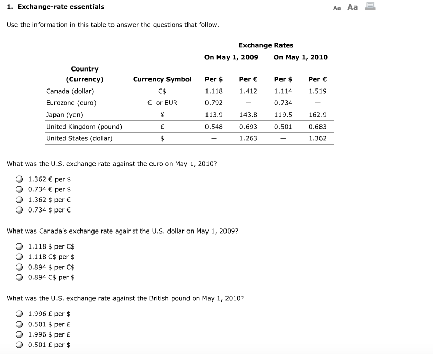 Solved Aa Aa E 1. Exchange-rate essentials Use the | Chegg.com