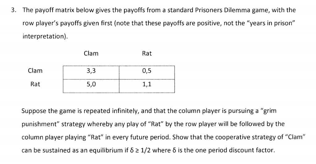 Solved The payoff matrix below gives the payoffs from a | Chegg.com