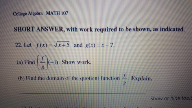 Solved College Algebra MATH 107 SHORT ANSWER, with work | Chegg.com