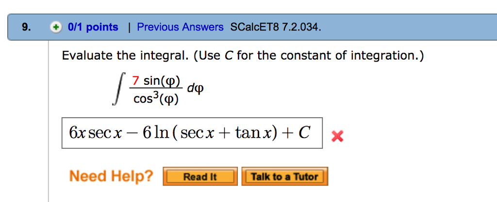 Solved 9.0/1 points | Previous Answers SCalcET8 7.2.034 | Chegg.com