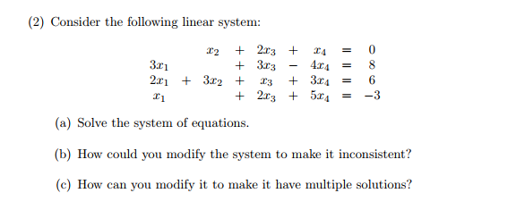 Solved (2) Consider the following linear system: +2x3 + 5x4 | Chegg.com