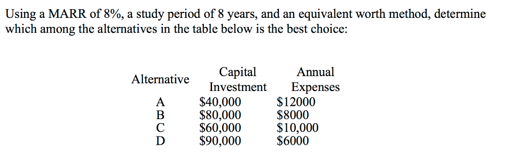 Solved Using a MARR of 8%, a study period of 8 years, and an | Chegg.com
