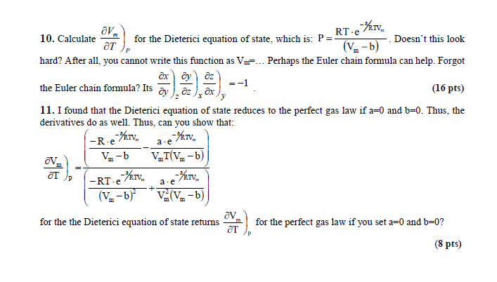Solved RT.e RTV- 10. Calculate for the Dieterici equation of | Chegg.com