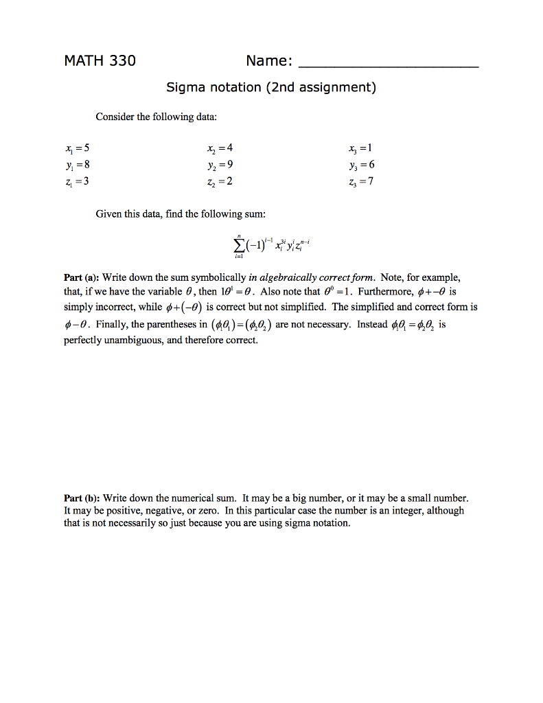 Solved MATH 330 Name: Sigma notation (2nd assignment) | Chegg.com