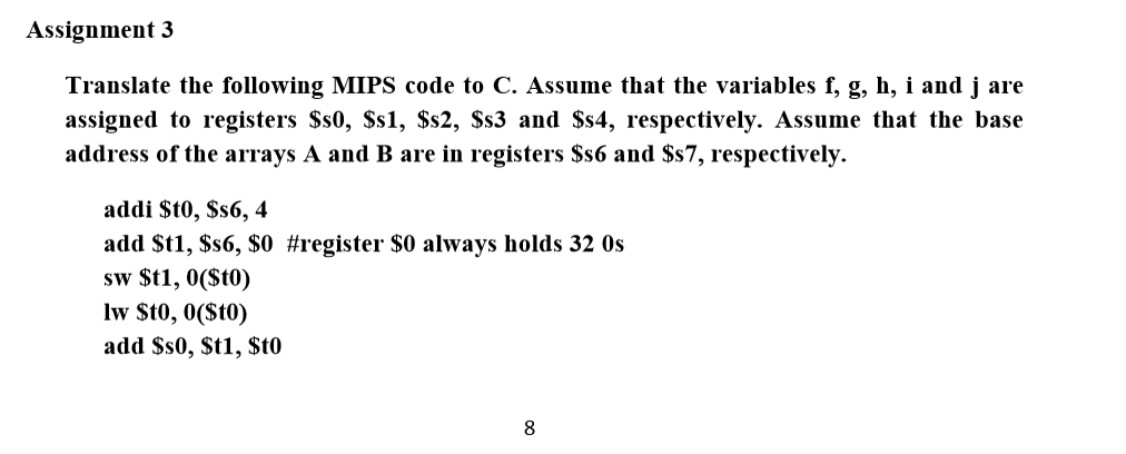 Solved Assignment 3 Translate the following MIPS code to C. | Chegg.com