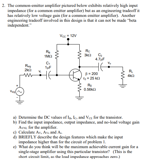 Solved 2. The common-emitter amplifier pictured below | Chegg.com