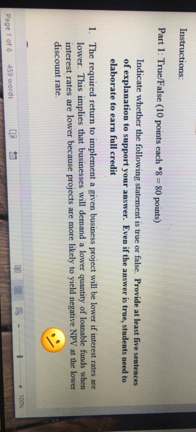 Solved Instructions Part 1 : True/False (10 points each | Chegg.com