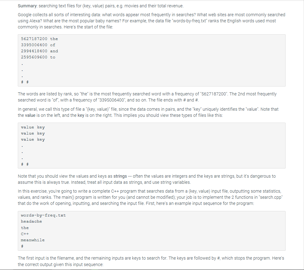 Solved Summary: searching text files for (key, value) pairs, | Chegg.com