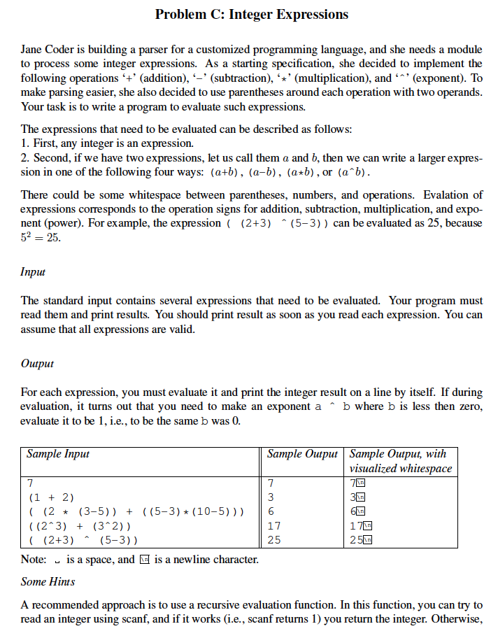 Problem C: Integer Expressions ming language, and she | Chegg.com