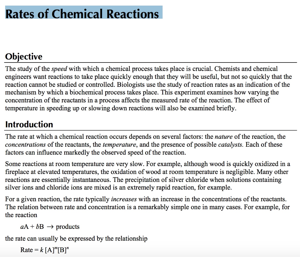 Rates of Chemical Reactions Objective The study of | Chegg.com