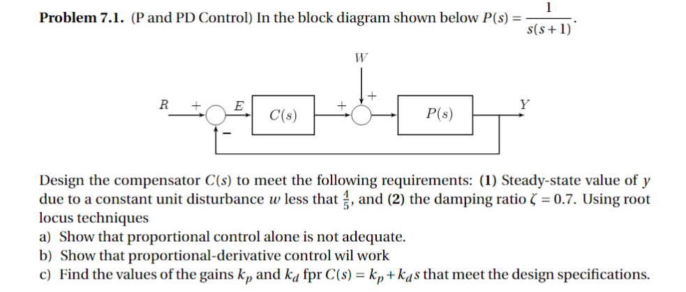 Solved Problem 7.1. (Pand PD Control) In the block diagram | Chegg.com
