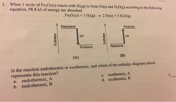Solved when 1 mile of Fe2O3(s) reacts with H2(g) to form | Chegg.com