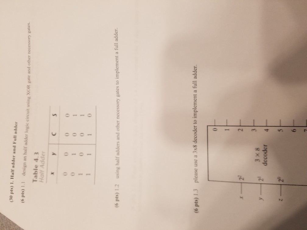 Solved (30 pts) 1. Half adder and Full adder (6 pts) 1.1 | Chegg.com