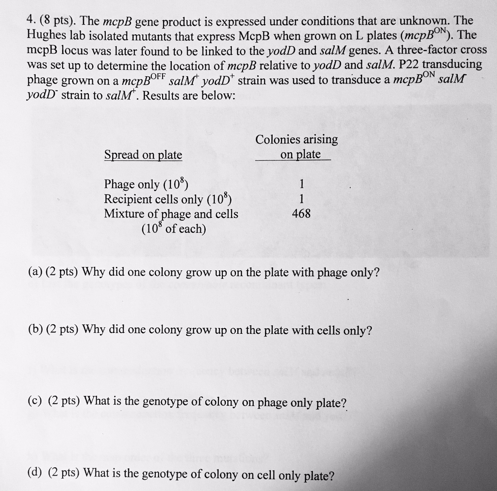 Solved 4. (8 pts). The mcpB gene product is expressed under | Chegg.com