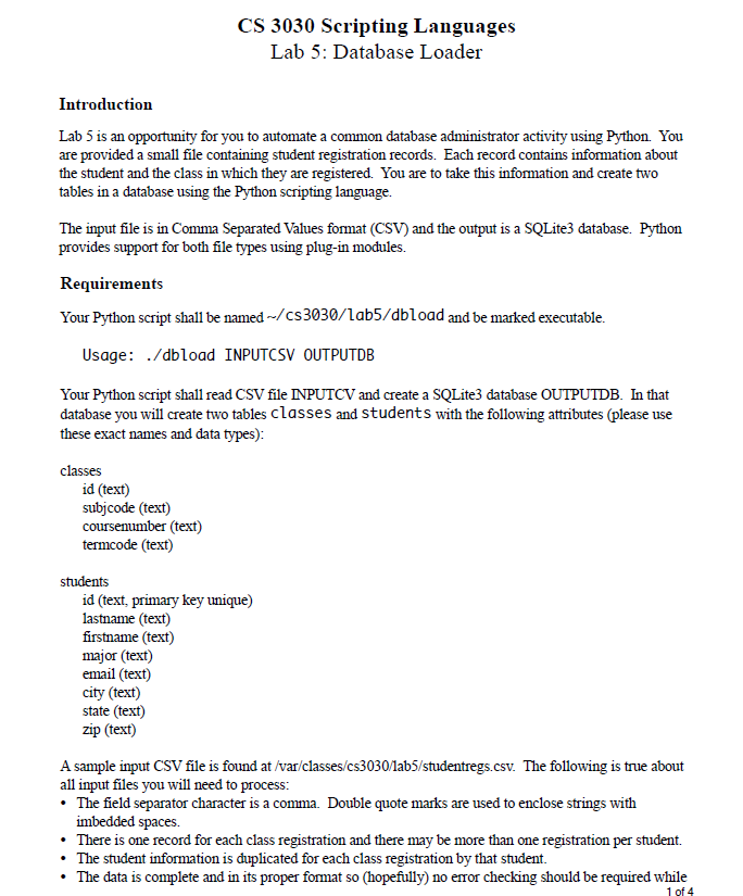 Solved CS 3030 Scripting Languages Lab 5: Database Loader | Chegg.com