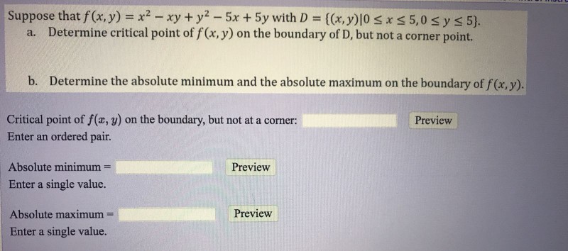 Solved Suppose that f(x, y)2-xy y-5x +5y with D (, y)lo sx s | Chegg.com