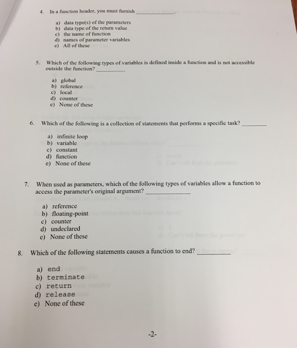 Solved In a function header, you must furnish data type(s) | Chegg.com