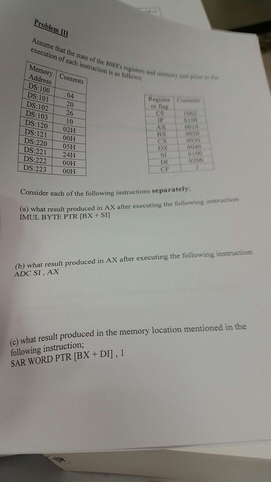 Solved Assume that the state of the 8088's registers and | Chegg.com