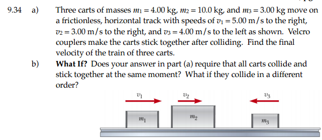 Solved Three carts of masses m_1 = 4.00 kg, m_2 = 10.0 kg, | Chegg.com