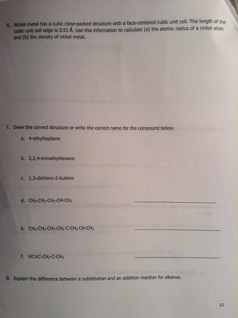 Solved Nickel metal has a cubic close packed structure with | Chegg.com