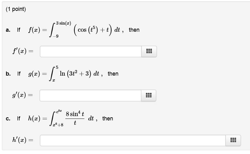 Solved If f(x) = integral^3 sin(x) _-9 (cos(t^5) + t)dt, | Chegg.com
