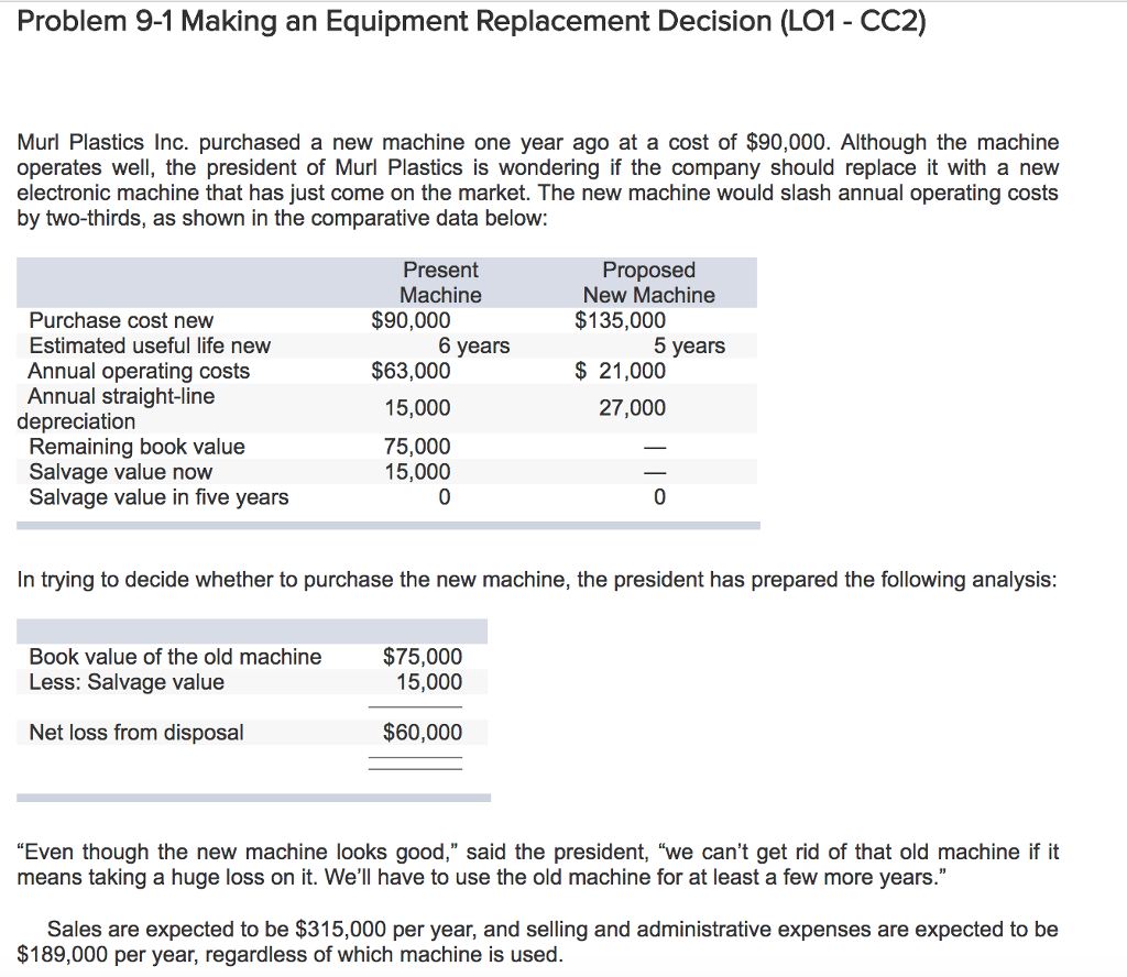 Solved Problem 9-1 Making an Equipment Replacement Decision | Chegg.com