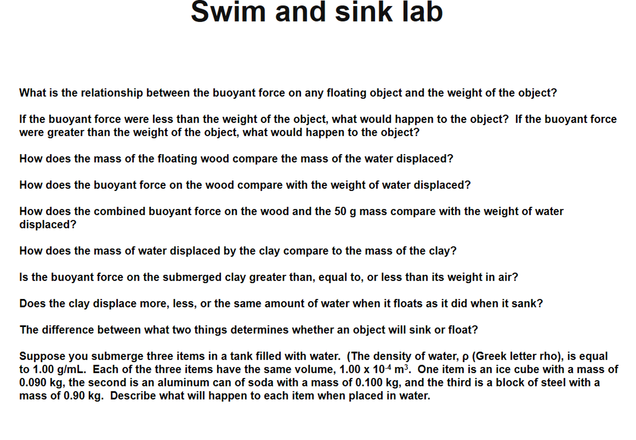 Solved Swim and sink lab What is the relationship between | Chegg.com