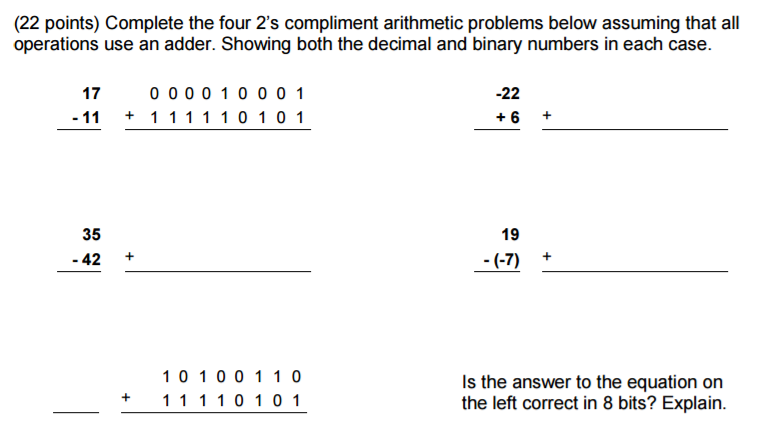 Solved Complete the four 2's compliment arithmetic problems | Chegg.com