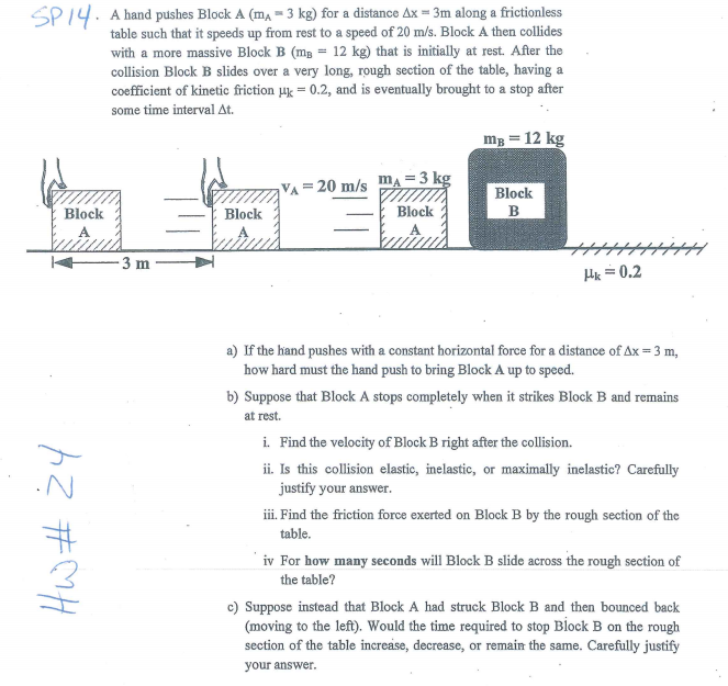 Solved A hand pushes Block A (mA = 3 kg) for a distance | Chegg.com