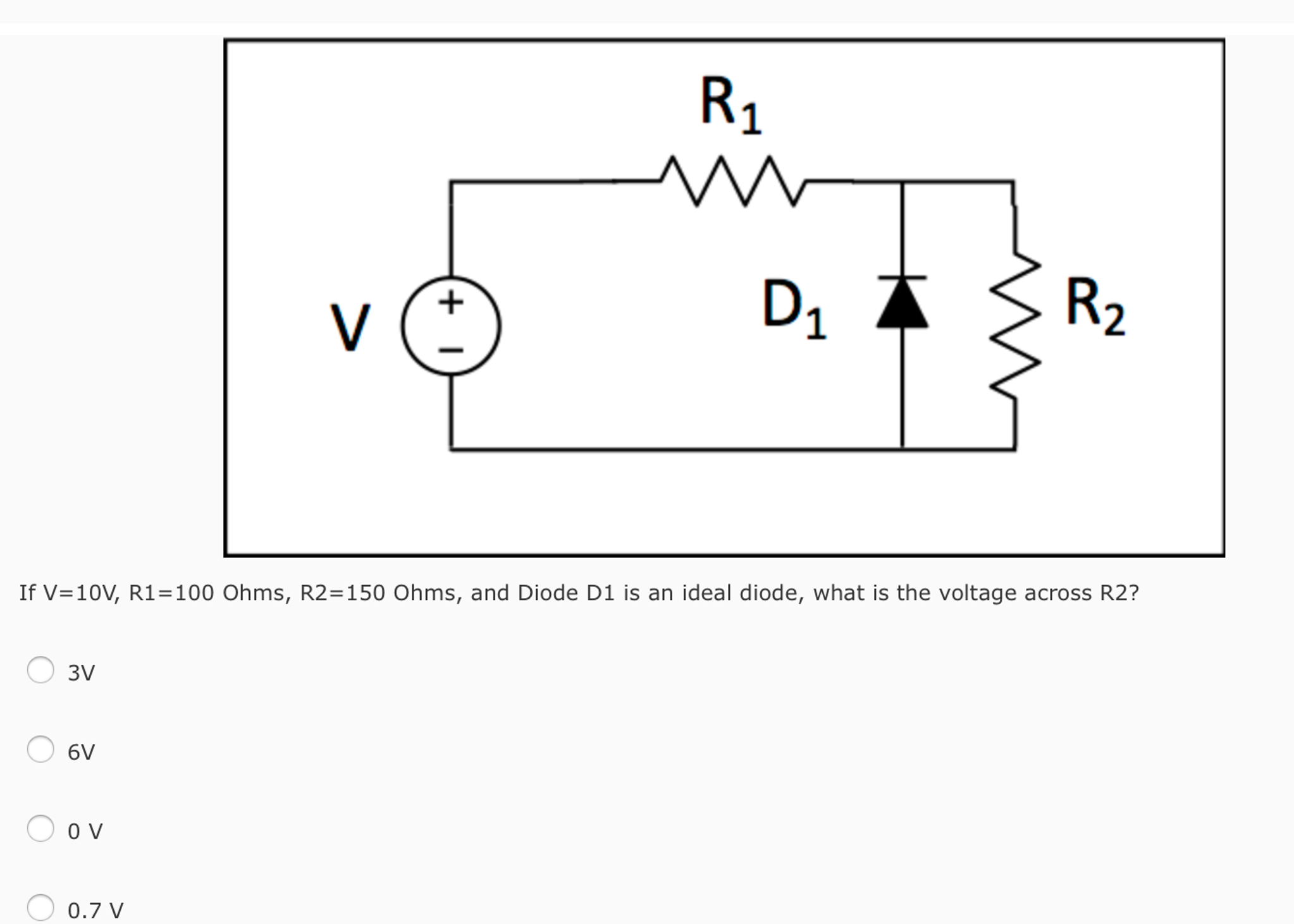 Solved If V = 10V, R1 = 100 Ohms, R2 = 150 Ohms, and Diode | Chegg.com
